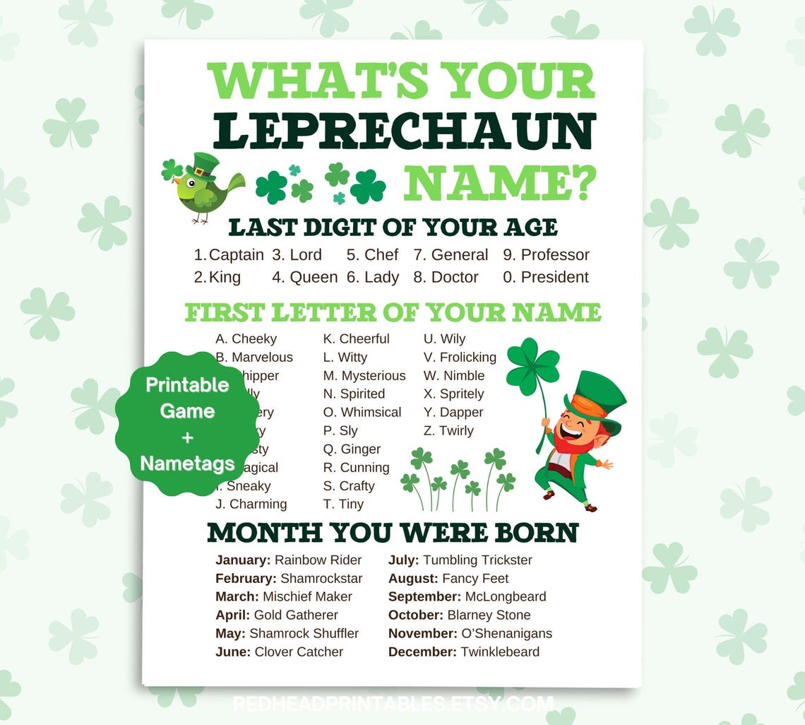 Whats Your Leprechaun Name Game Printable, St Patricks Day Game, Irish ...
