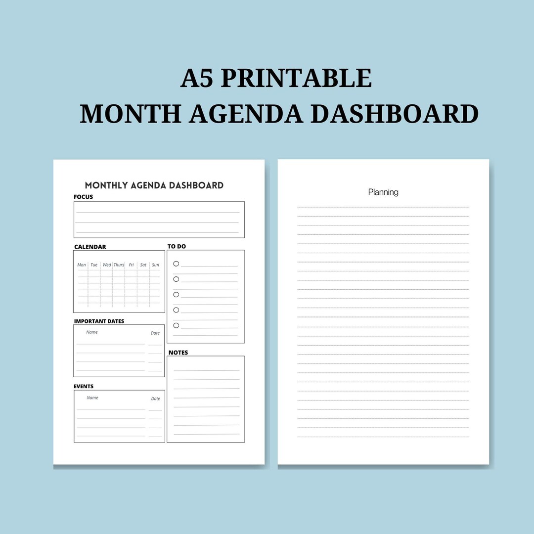 A5 Agenda Month Dashboard for Planner Insert, Single Page Dashboard ...