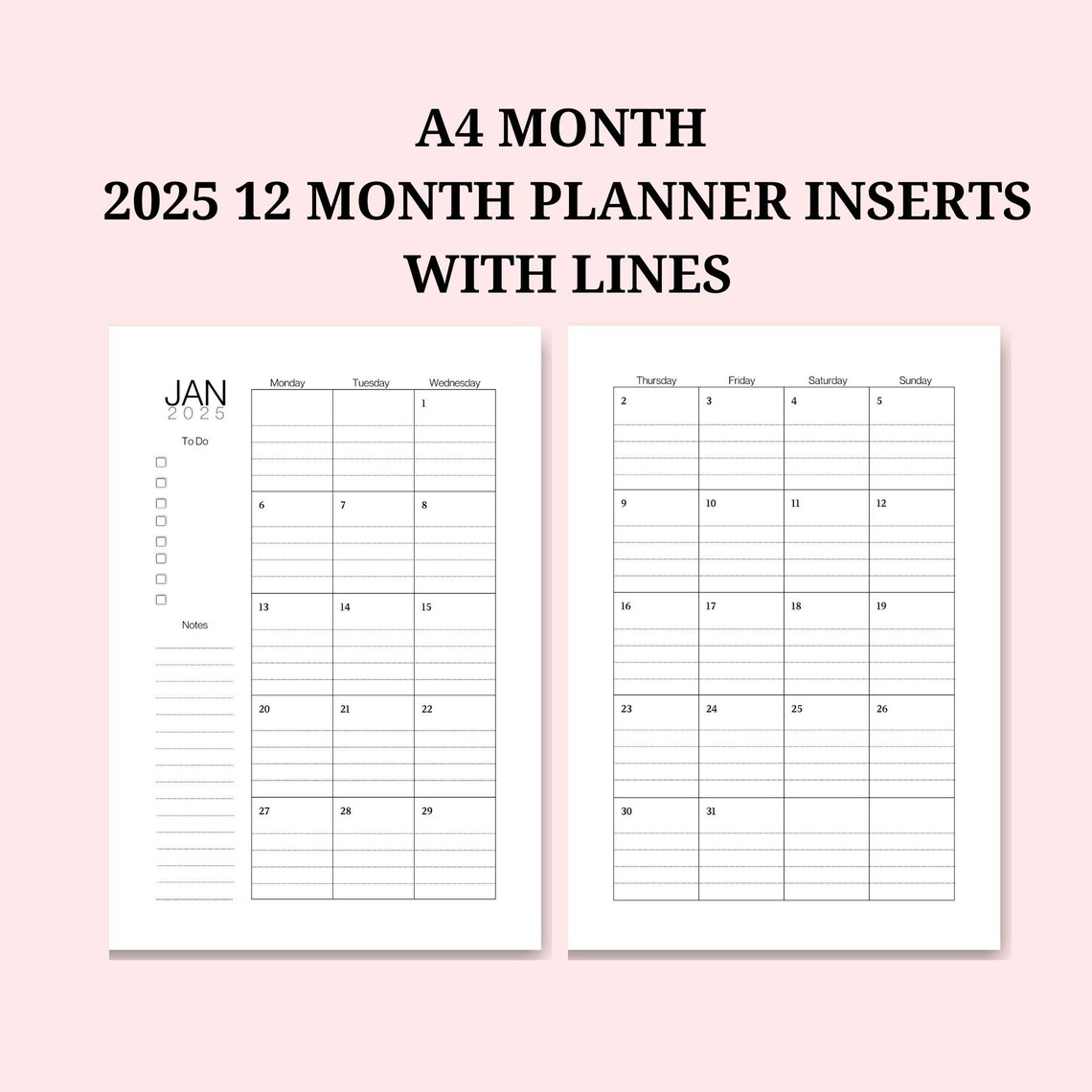 2025 Month Over 2 Pages Planner Inserts, Printable A4 Size, Minimalist ...