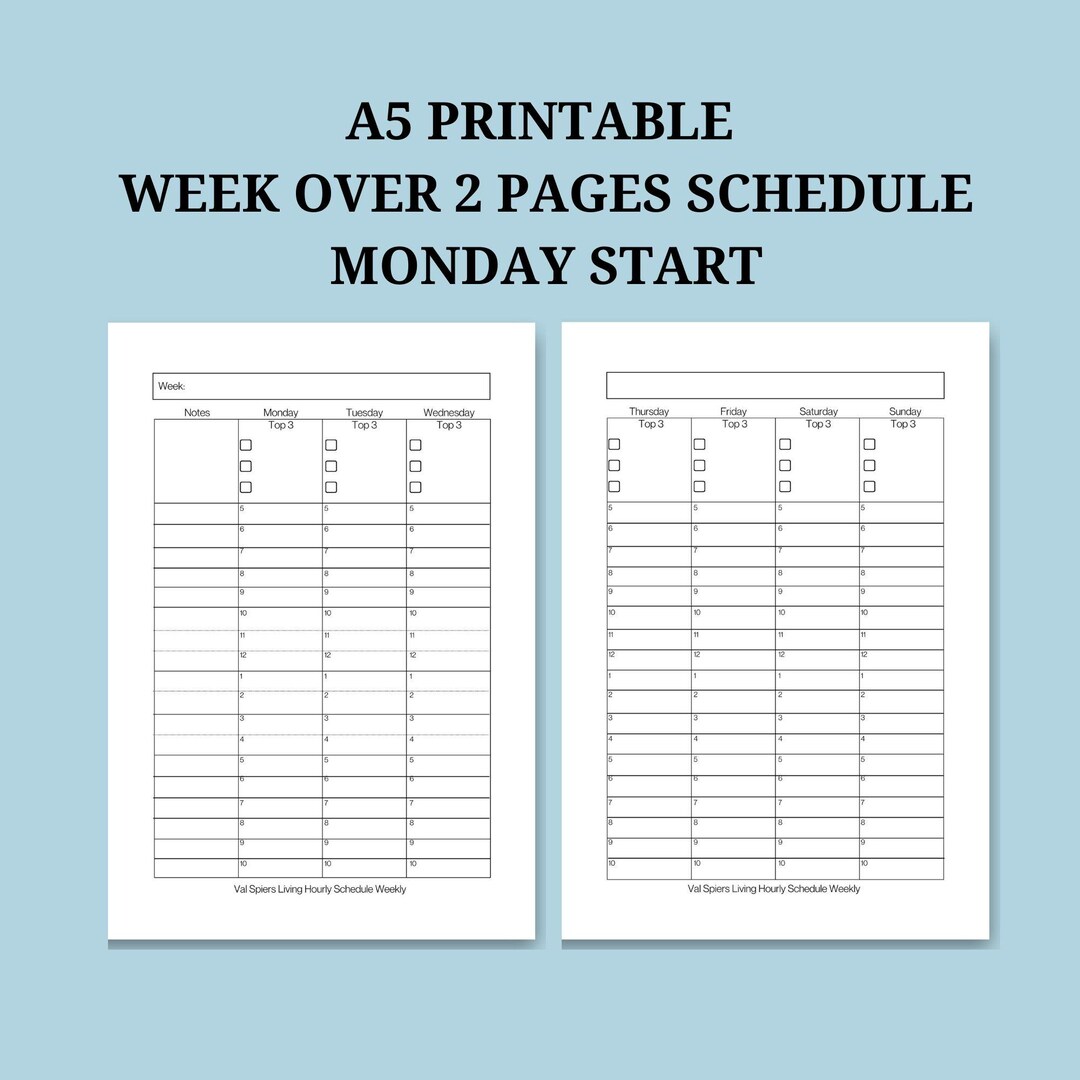 Weekly Schedule, A5 Printable Planner Insert, WO2P, Monday Start ...