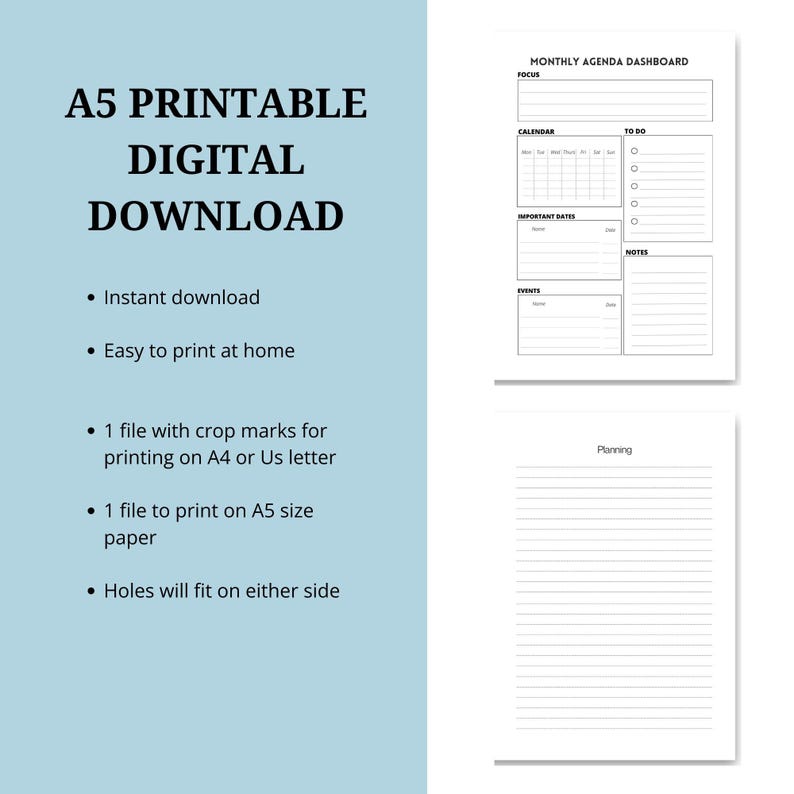 A5 Agenda Month Dashboard for Planner Insert, Single Page Dashboard ...