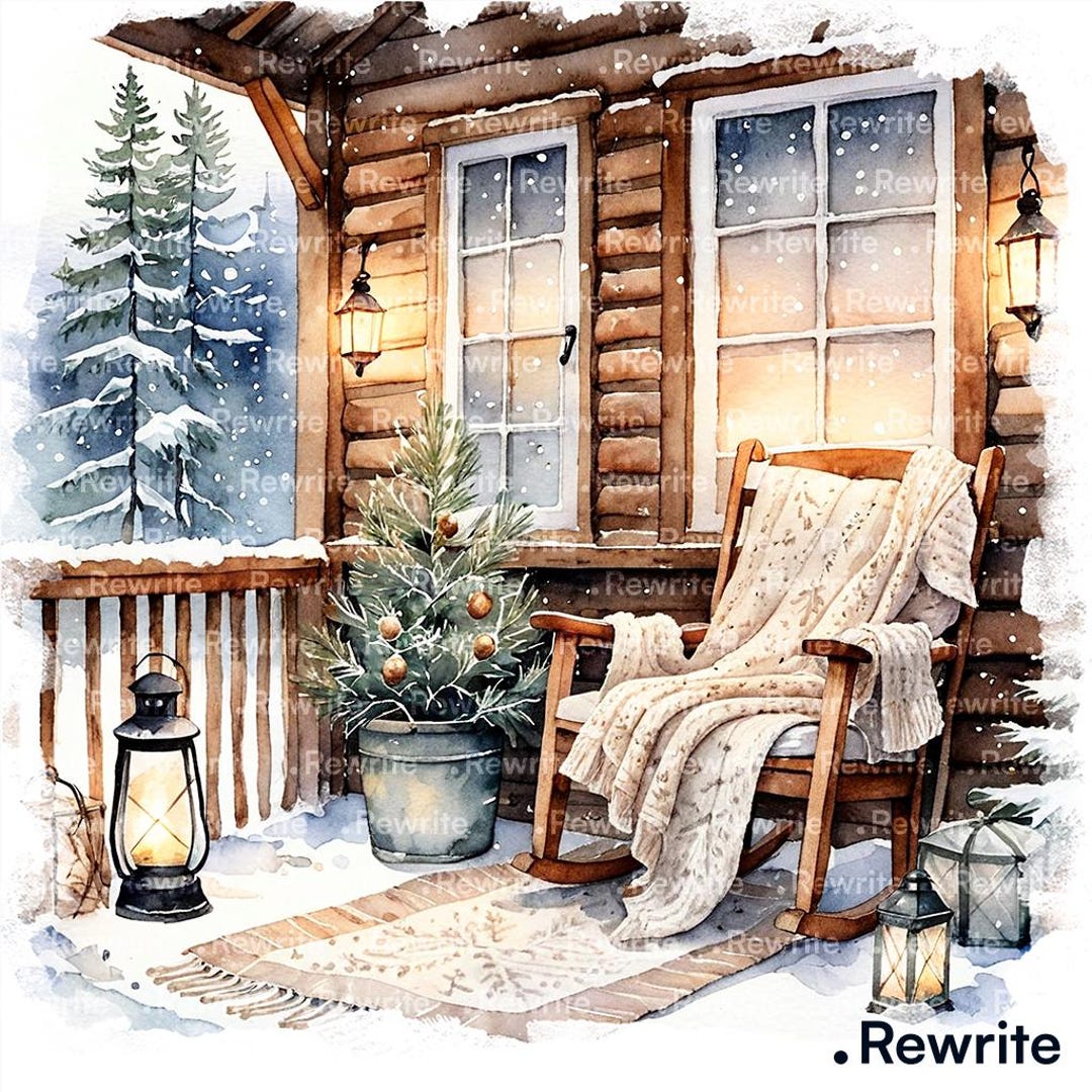 20 Cozy Winter Cottagecore Porch Clipart in Watercolor, Snowy Rustic ...