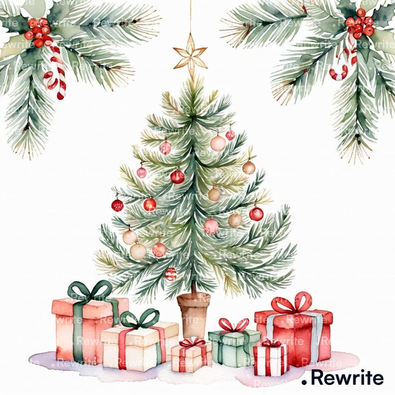 10 Watercolor Christmas Tree With Gifts Clipart, Vintage Holiday Decor ...