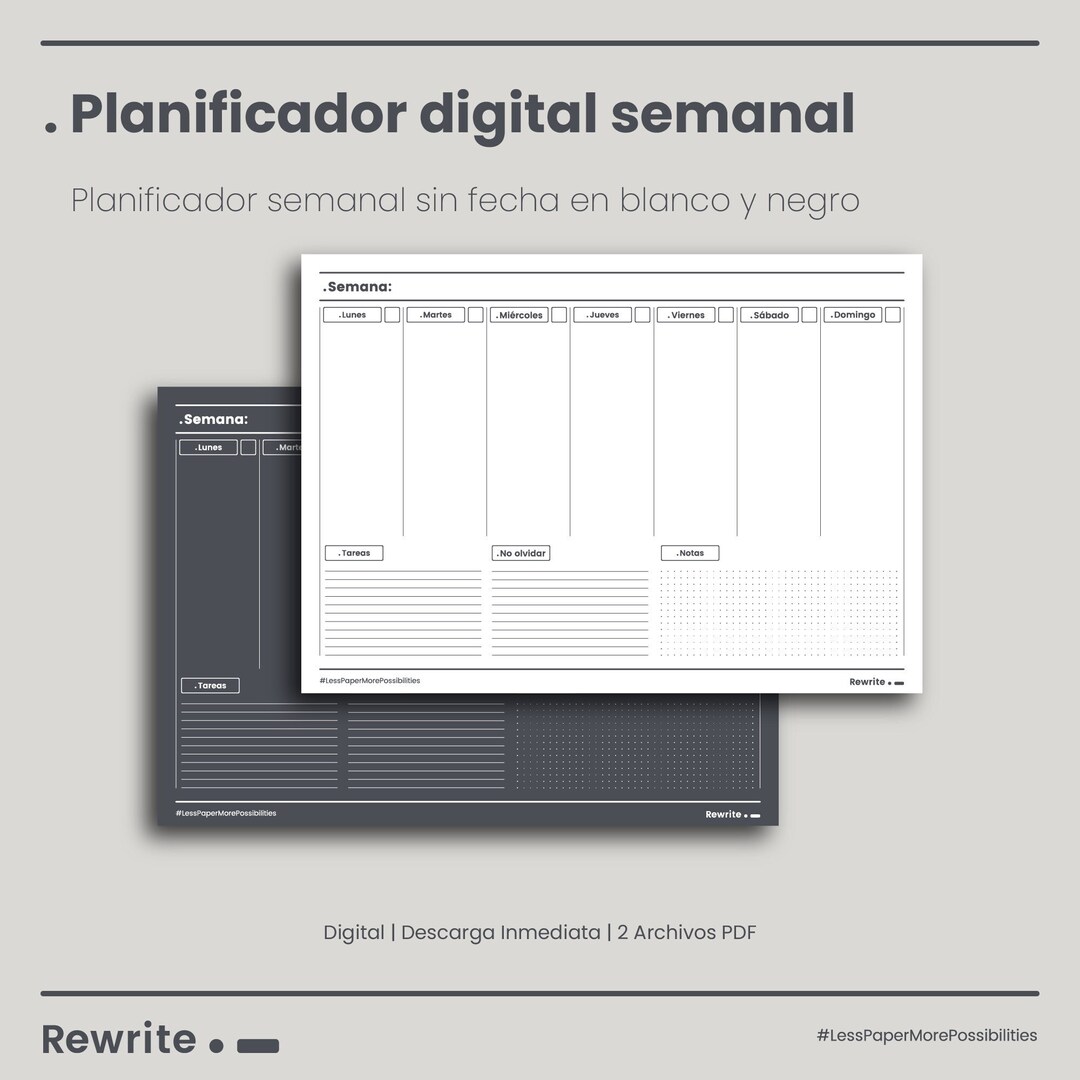 Weekly Digital Planner. Spanish Digital Planner. Undated Planner. Black ...