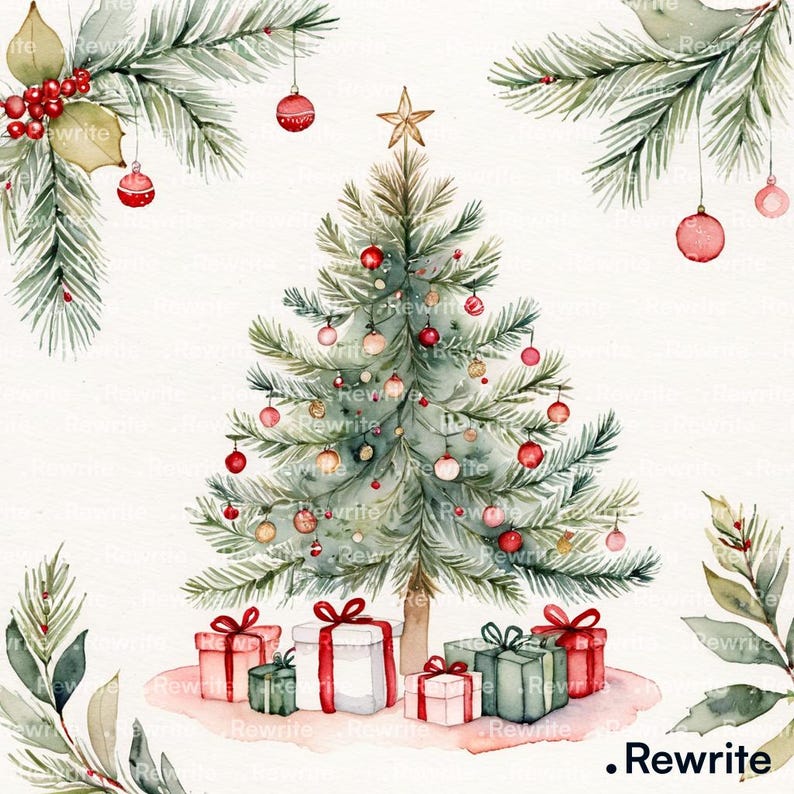 10 Watercolor Christmas Tree With Gifts Clipart, Vintage Holiday Decor ...