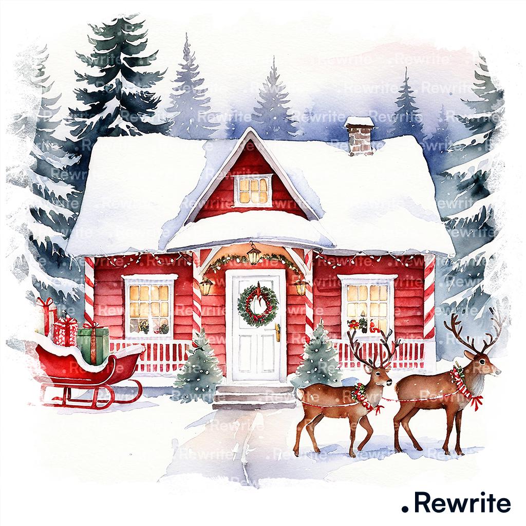 10 Santa’s House Clipart, Watercolor Christmas House With Sleigh ...
