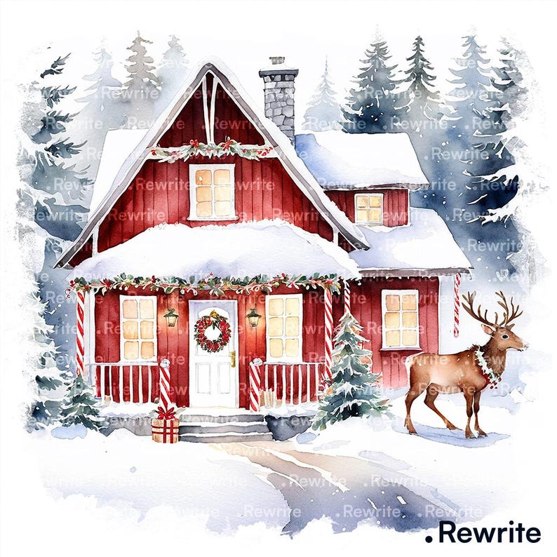 10 Santa’s House Clipart, Watercolor Christmas House With Sleigh ...
