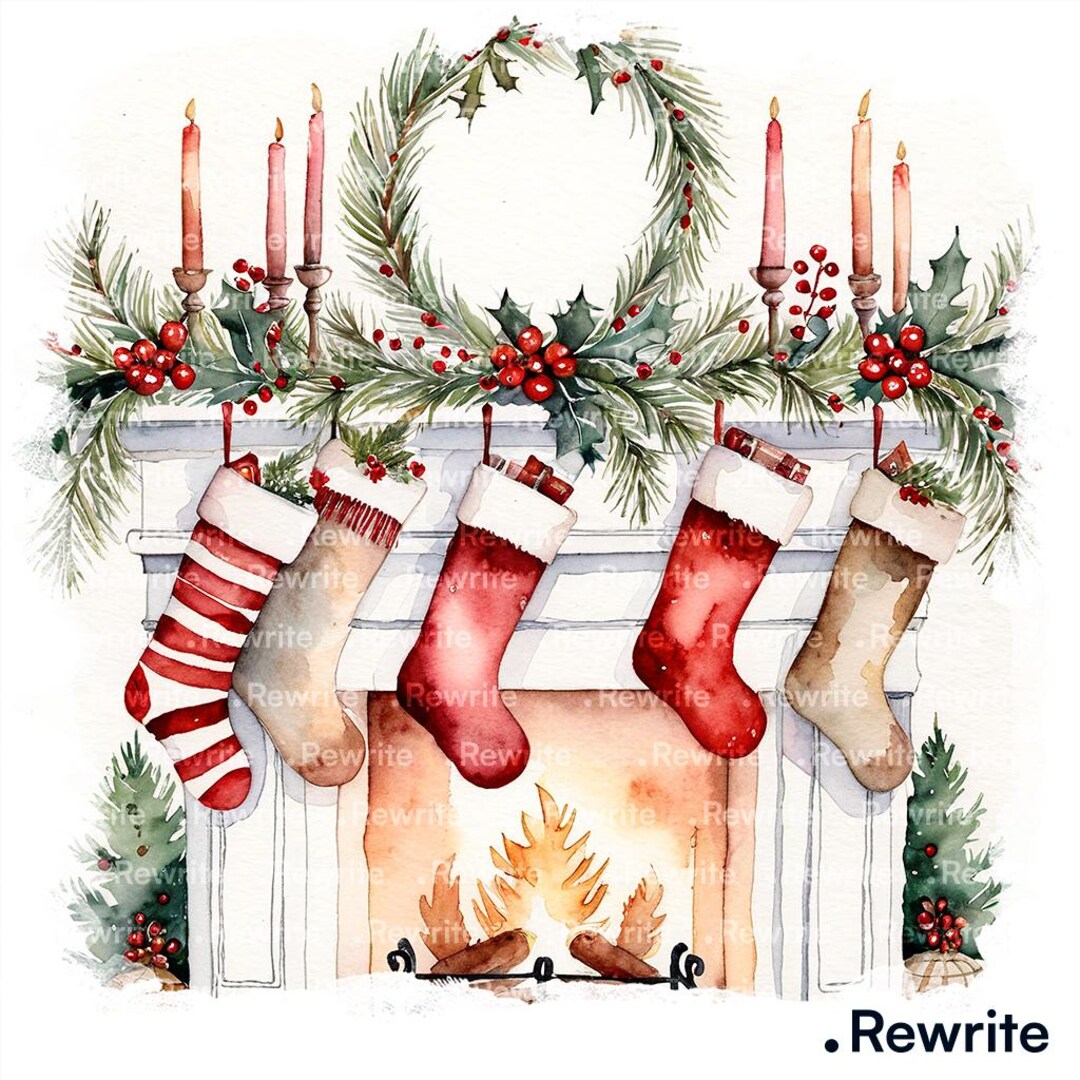 10 Christmas Fireplace Stockings Clipart, Cozy Watercolor Holiday ...