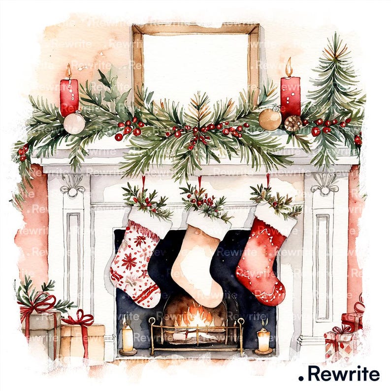10 Christmas Fireplace Stockings Clipart, Cozy Watercolor Holiday ...