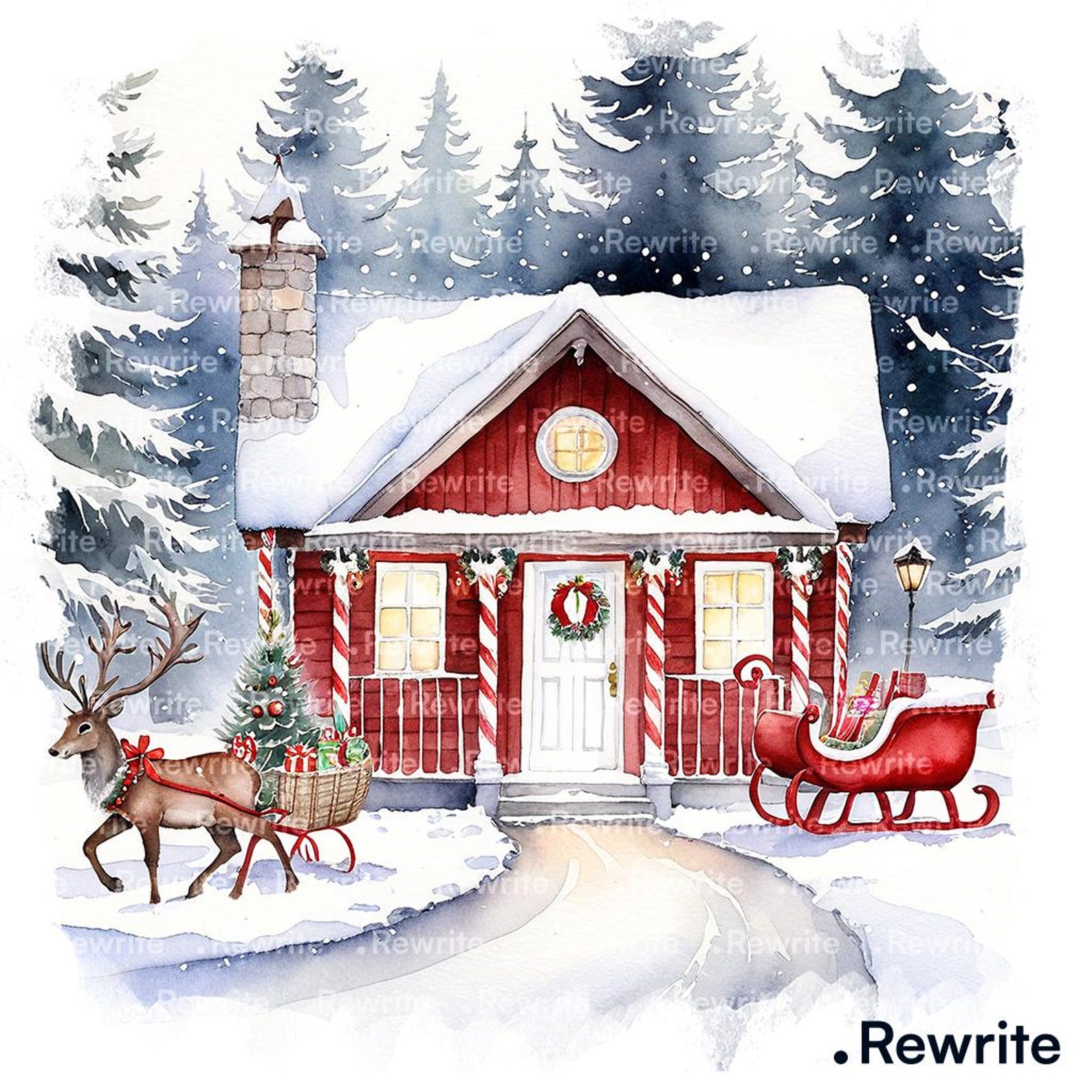10 Santa’s House Clipart, Watercolor Christmas House With Sleigh ...