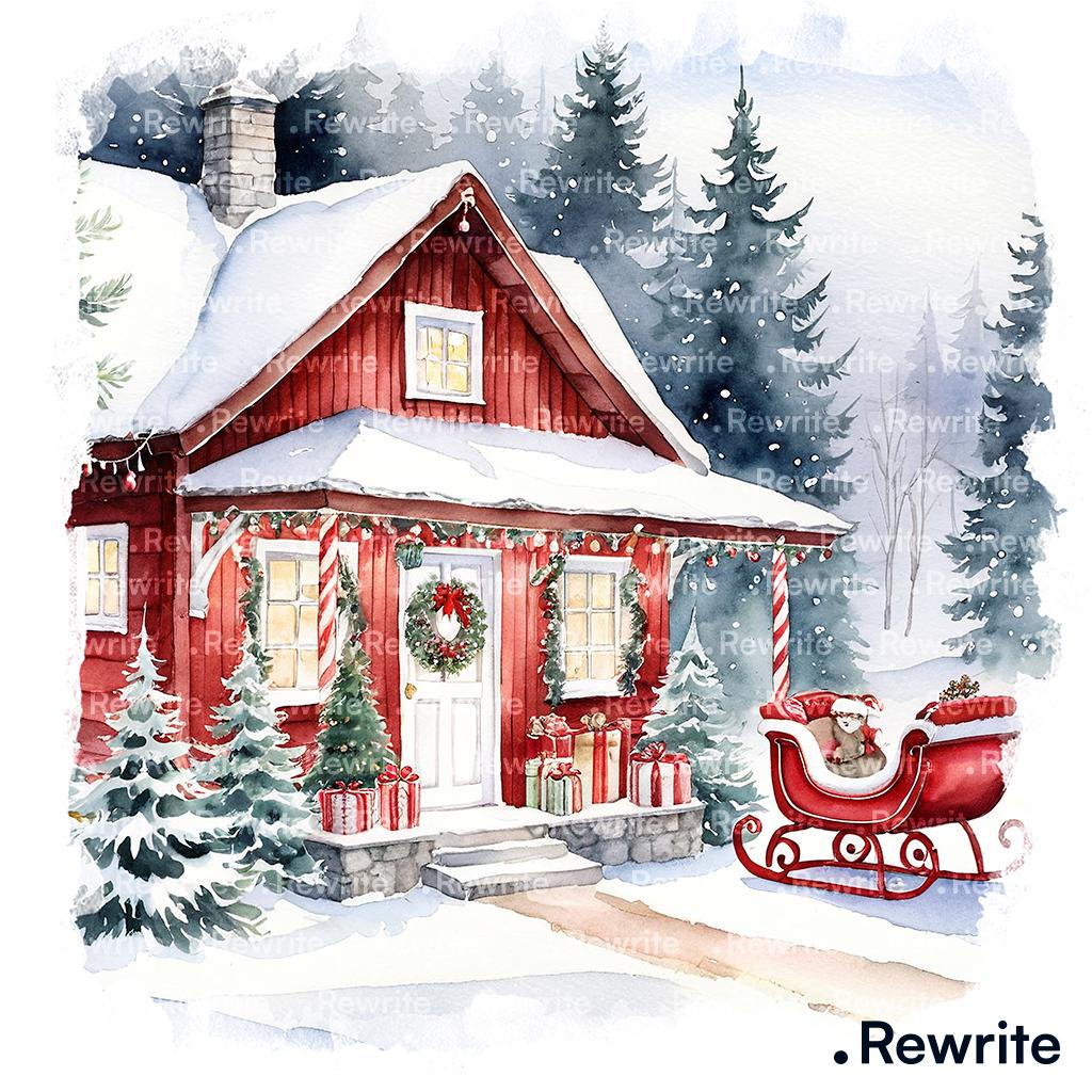 10 Santa’s House Clipart, Watercolor Christmas House With Sleigh ...