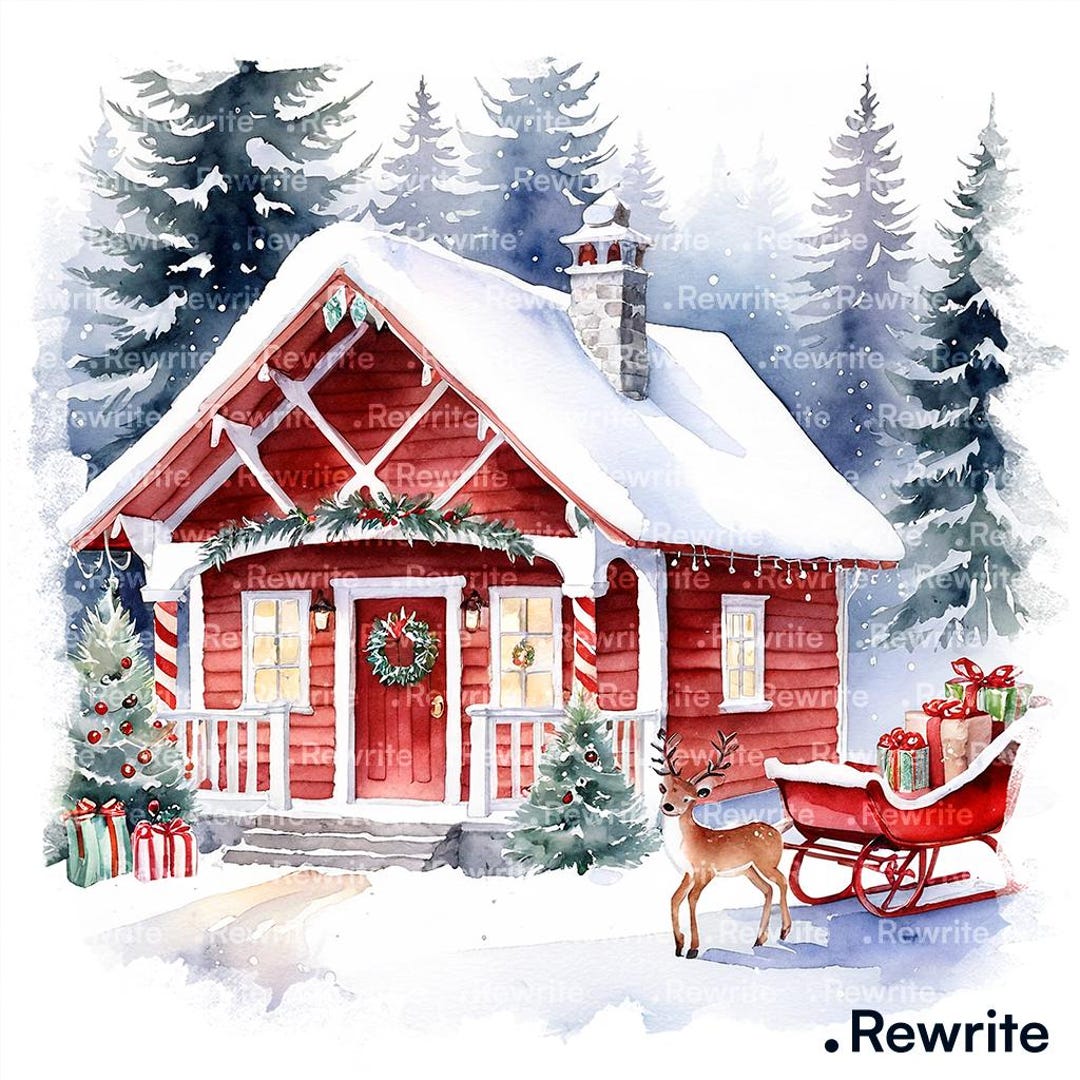 10 Santa’s House Clipart, Watercolor Christmas House With Sleigh ...