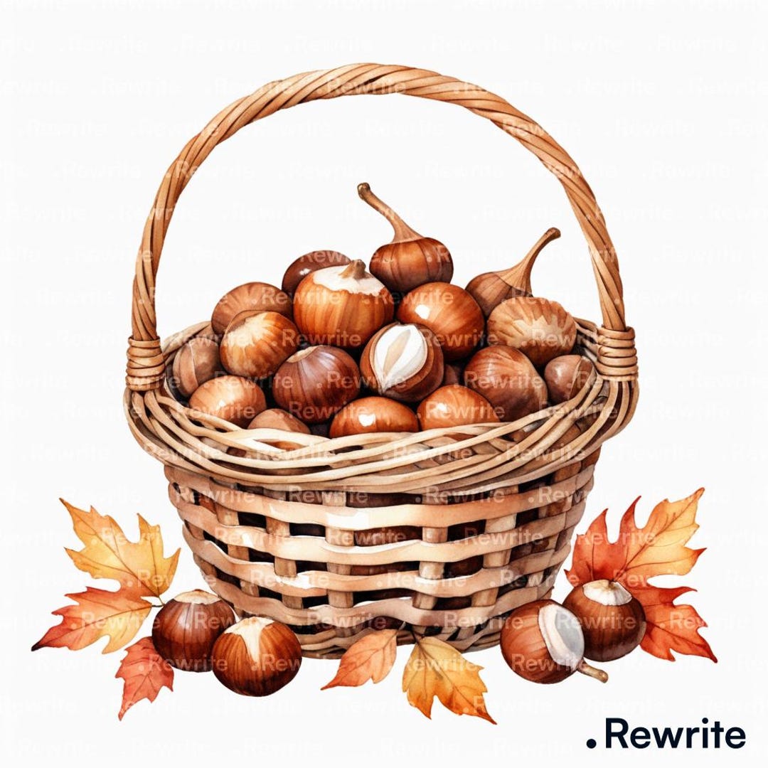 8 Chestnut Basket Clipart, Watercolor Chestnuts and Fall Leaves, Cozy ...