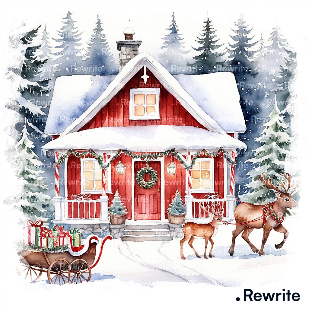10 Santa’s House Clipart, Watercolor Christmas House With Sleigh ...