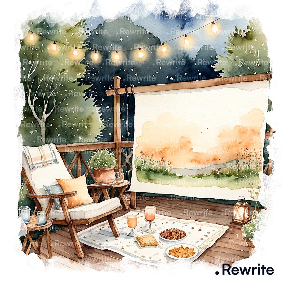 10 Movie Night Clipart, Outdoor Cinema Clipart | Printable Watercolor ...