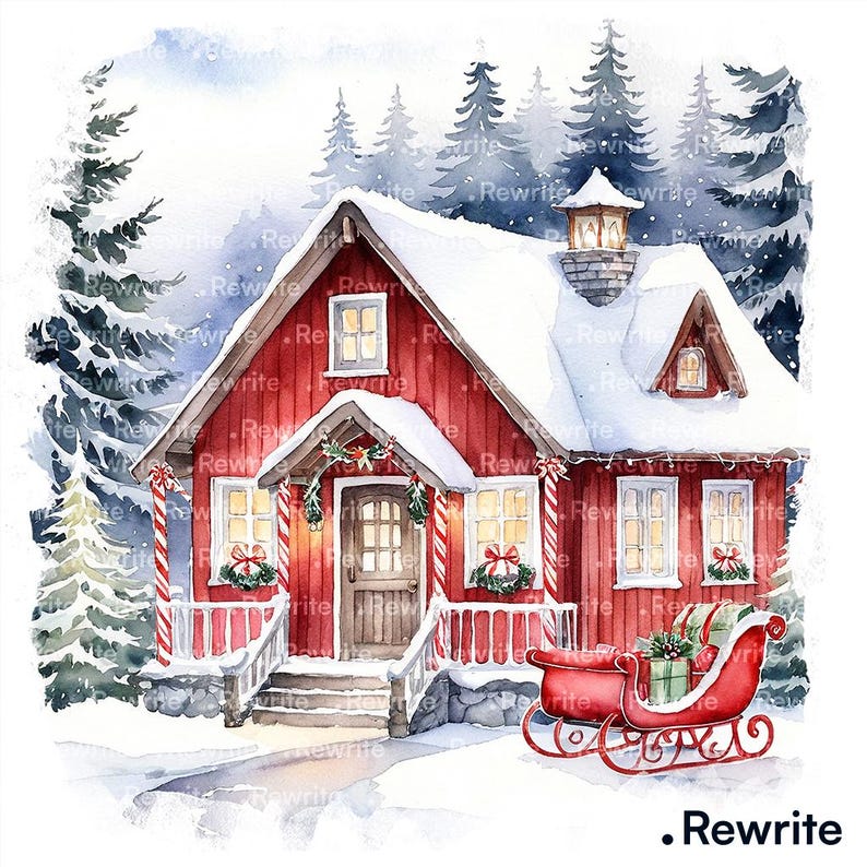 10 Santa’s House Clipart, Watercolor Christmas House With Sleigh ...