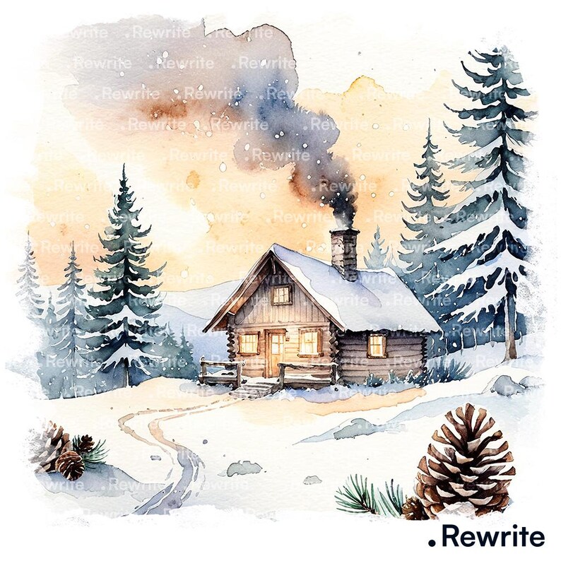 10 Winter Snowy Cabin Clipart, Watercolor Cozy Cottage in the Snow ...