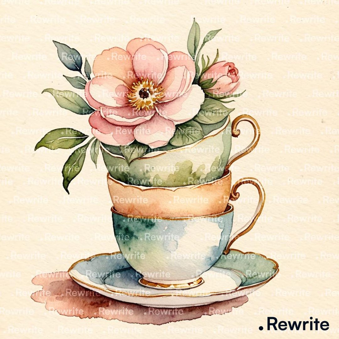 12 Stacked Floral Vintage Teacups Clipart, Watercolor Tea Cups ...