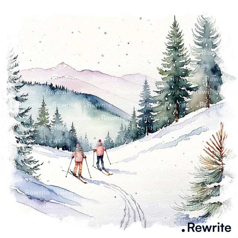 12 Watercolor Ski Slope Clipart, Snowy Mountain Landscapes and Winter ...
