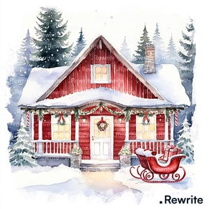 10 Santa’s House Clipart, Watercolor Christmas House With Sleigh ...