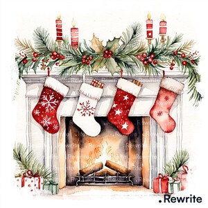 10 Christmas Fireplace Stockings Clipart, Cozy Watercolor Holiday ...