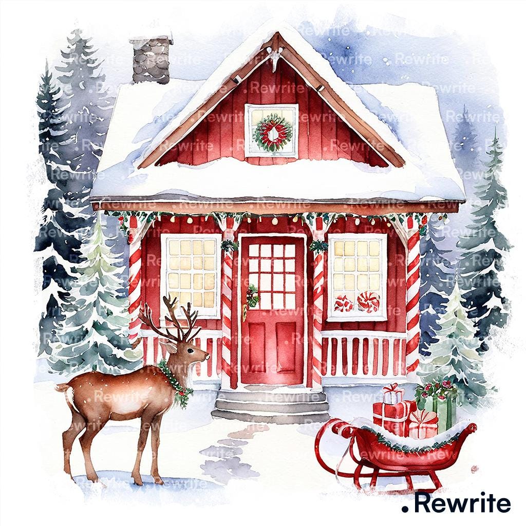 10 Santa’s House Clipart, Watercolor Christmas House With Sleigh ...