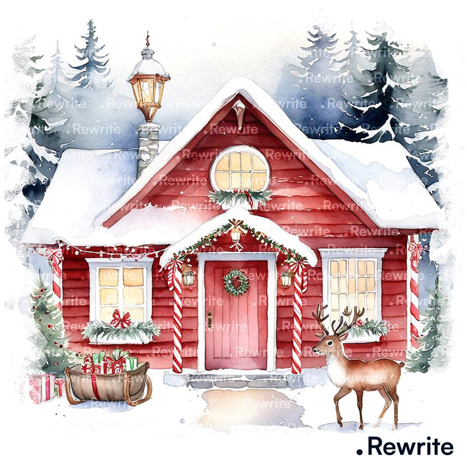 10 Santa’s House Clipart, Watercolor Christmas House With Sleigh ...