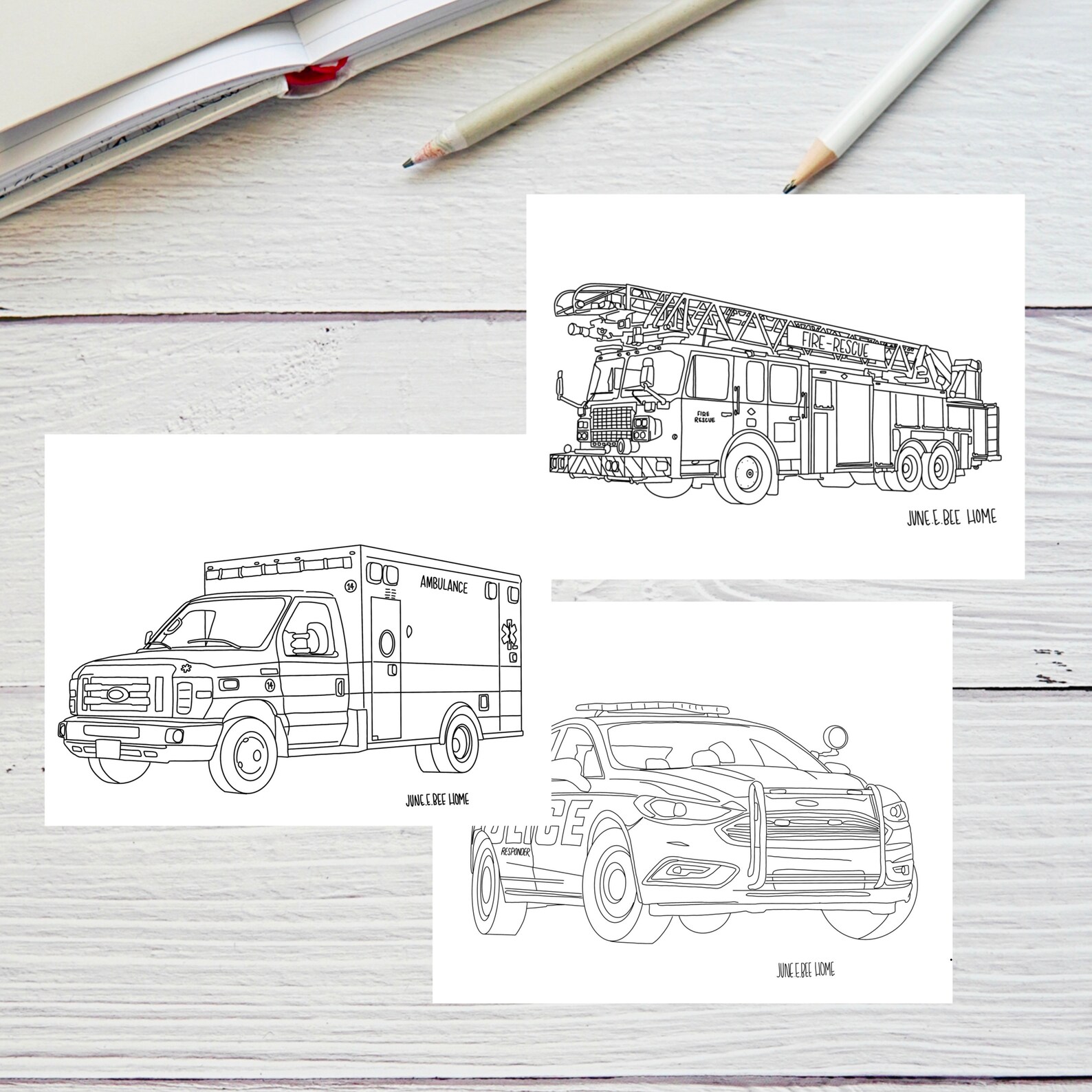 Emergency Vehicle Coloring Pages: Firetruck, Ambulance, Police (digital ...
