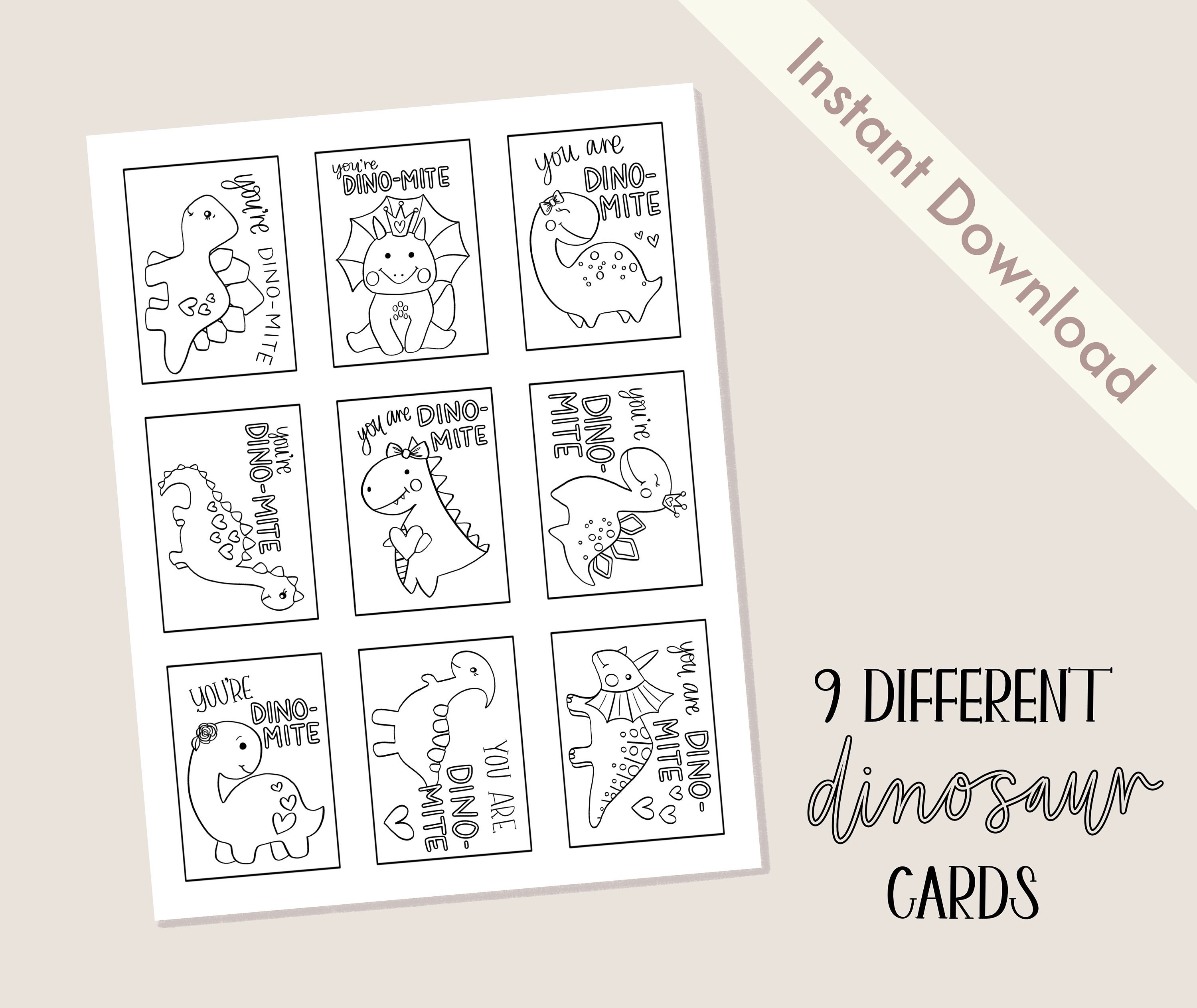Valentines Printable Coloring Cards - Valentines Day Cards - Dinosaur ...