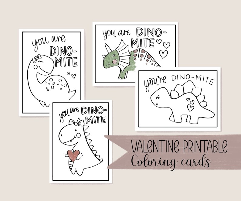 Valentines Printable Coloring Cards Valentines Day Cards Dinosaur ...