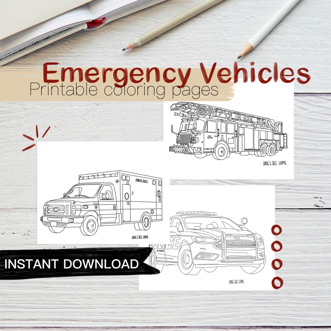 Emergency Vehicle Coloring Pages: Firetruck, Ambulance, Police (digital ...