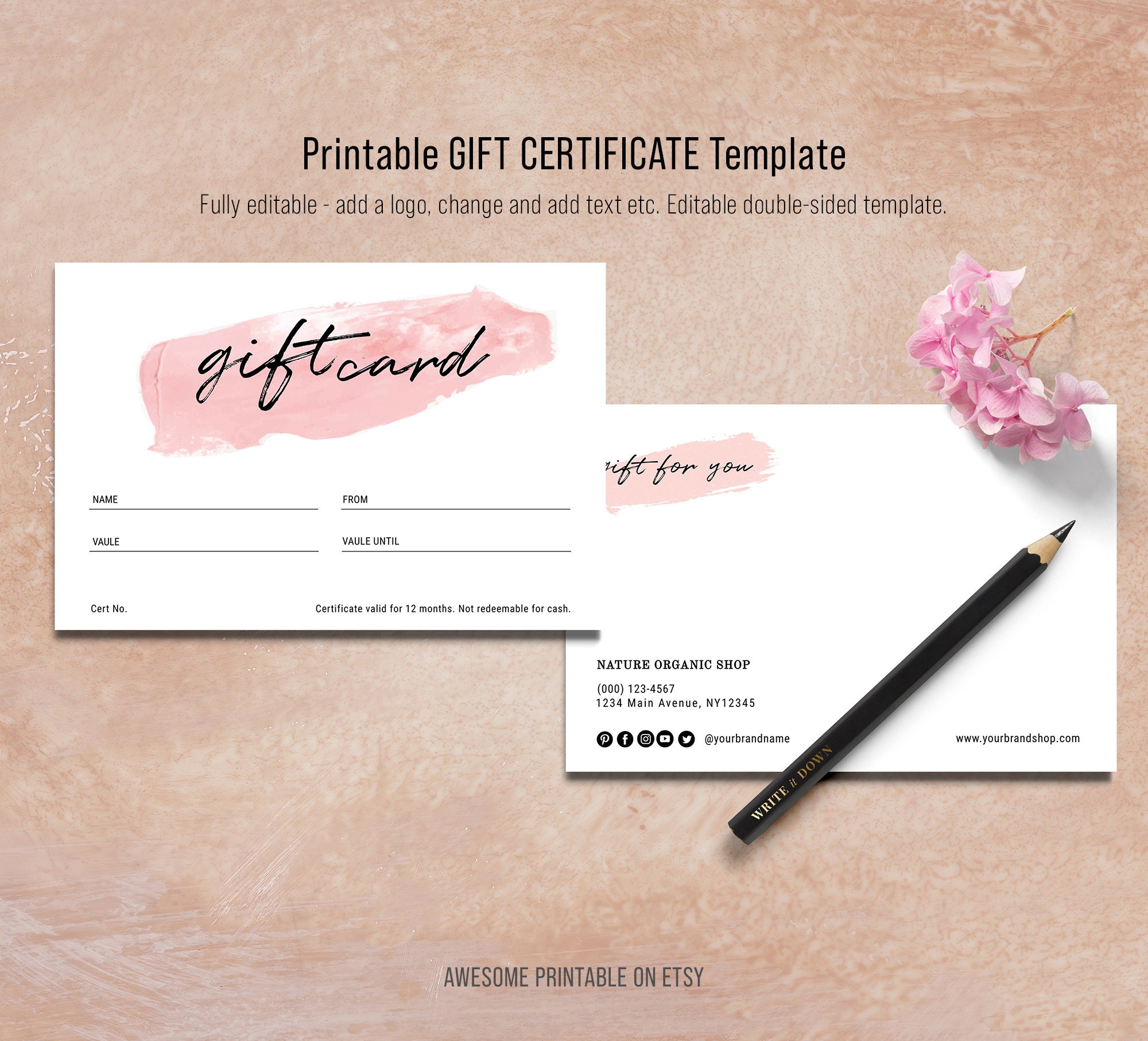 Printable Gift Certificate Template, Editable Gift Card Template, DIY ...