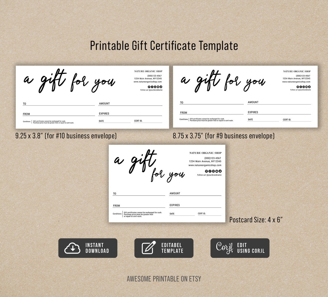 Printable Gift Certificate Template, DIY Gift Card, Editable Gift ...