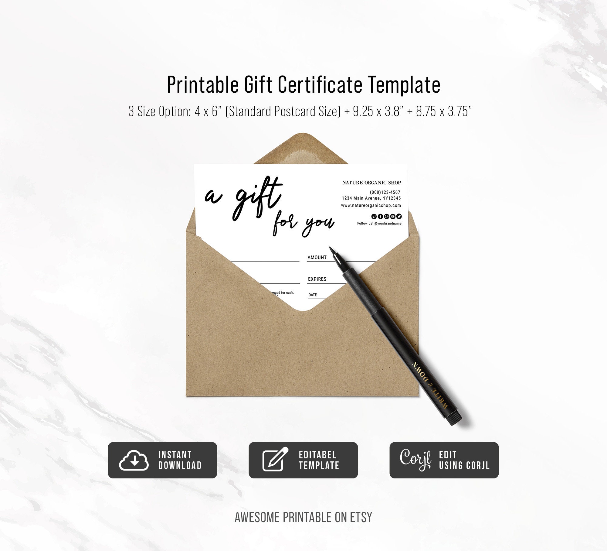 Printable Gift Certificate Template, DIY Gift Card, Editable Gift ...