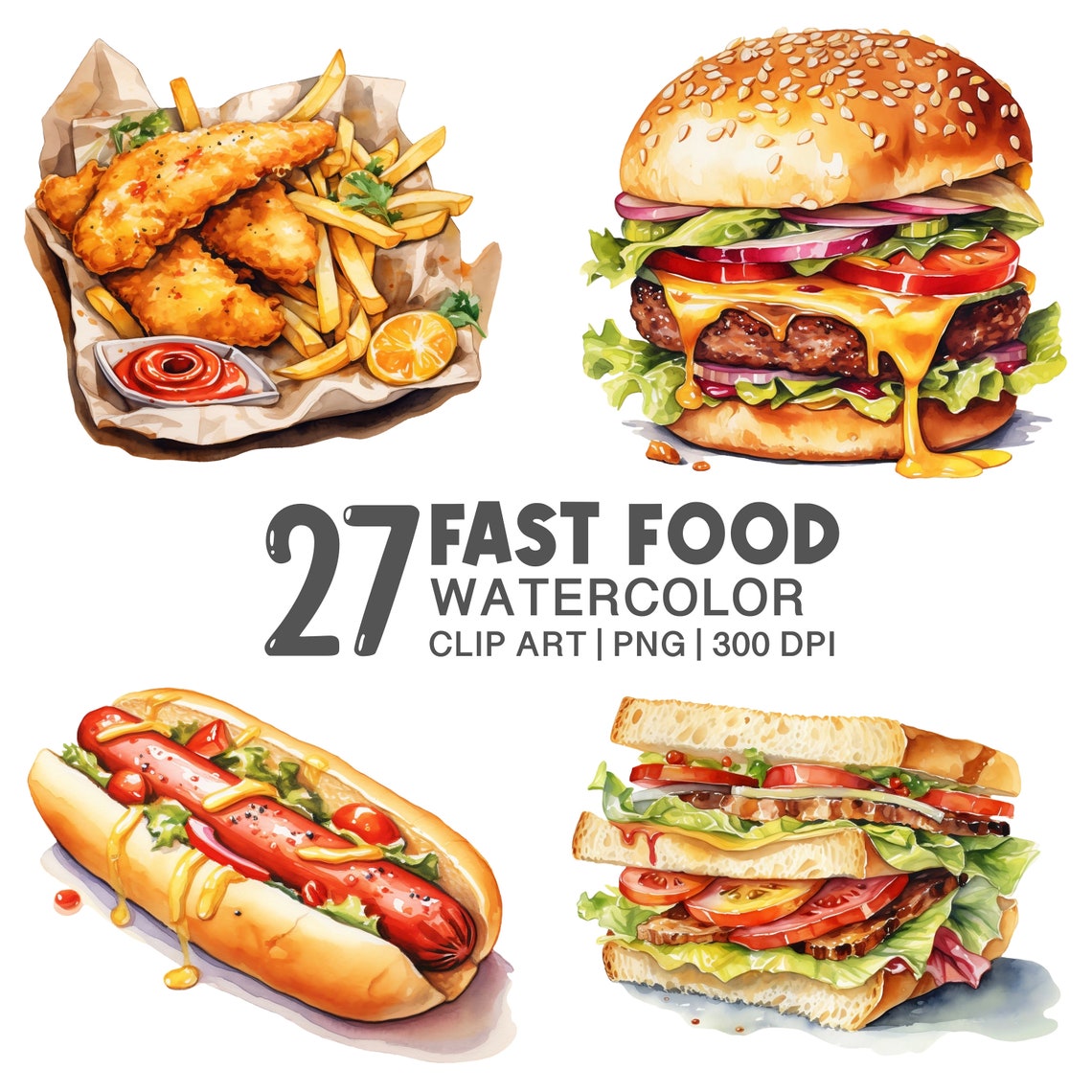 Fast Food Watercolor Transparent PNG Burger Pizza - Etsy