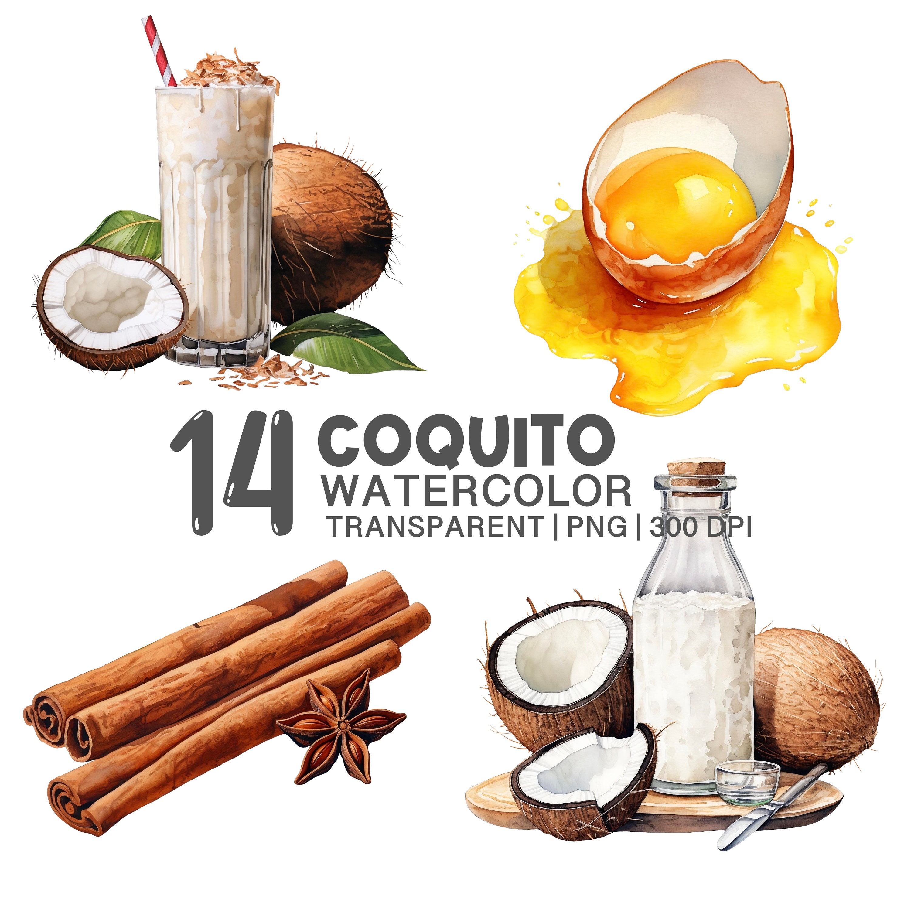 Coquito Watercolor Bundle | Transparent PNG | Coconut | Puerto Rico ...