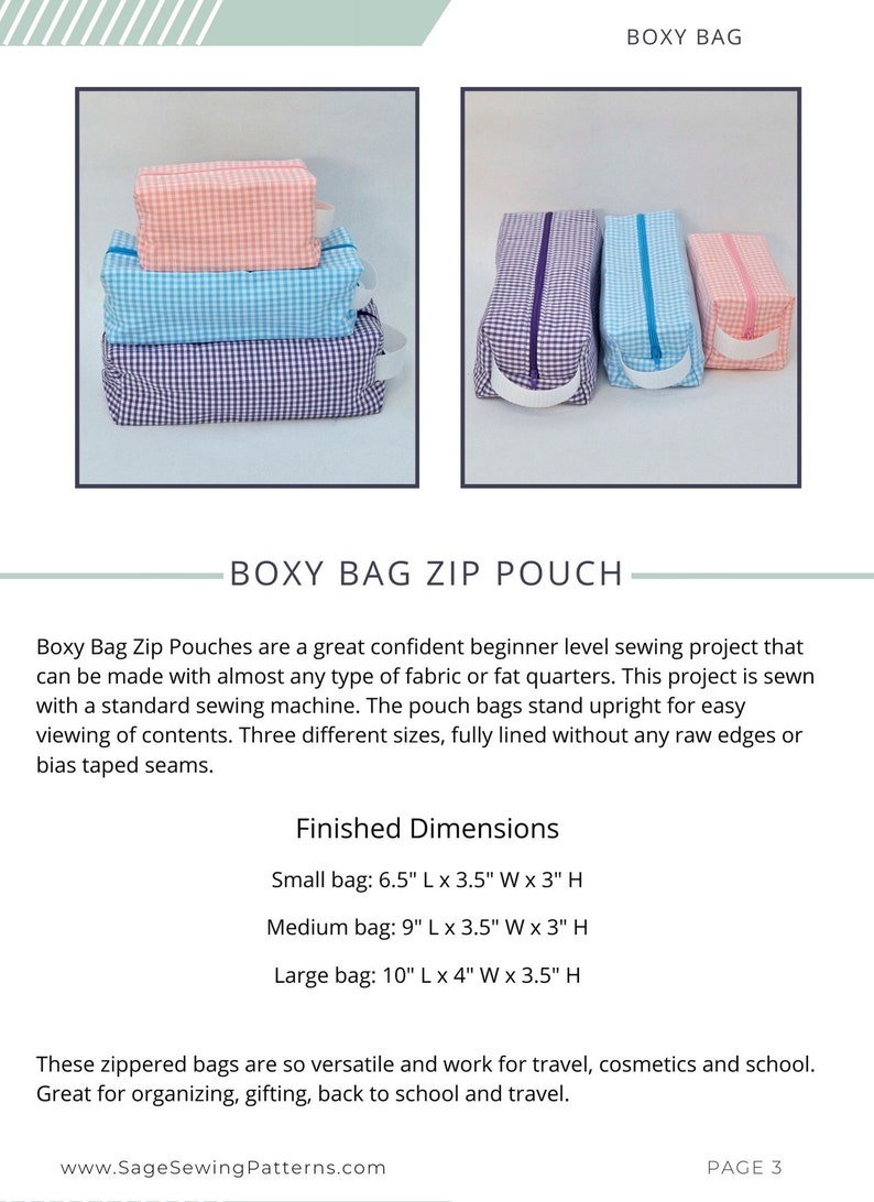 Boxy Bag Zipper Pouch, PDF Downloadable Sewing Pattern, 3 Sizes ...