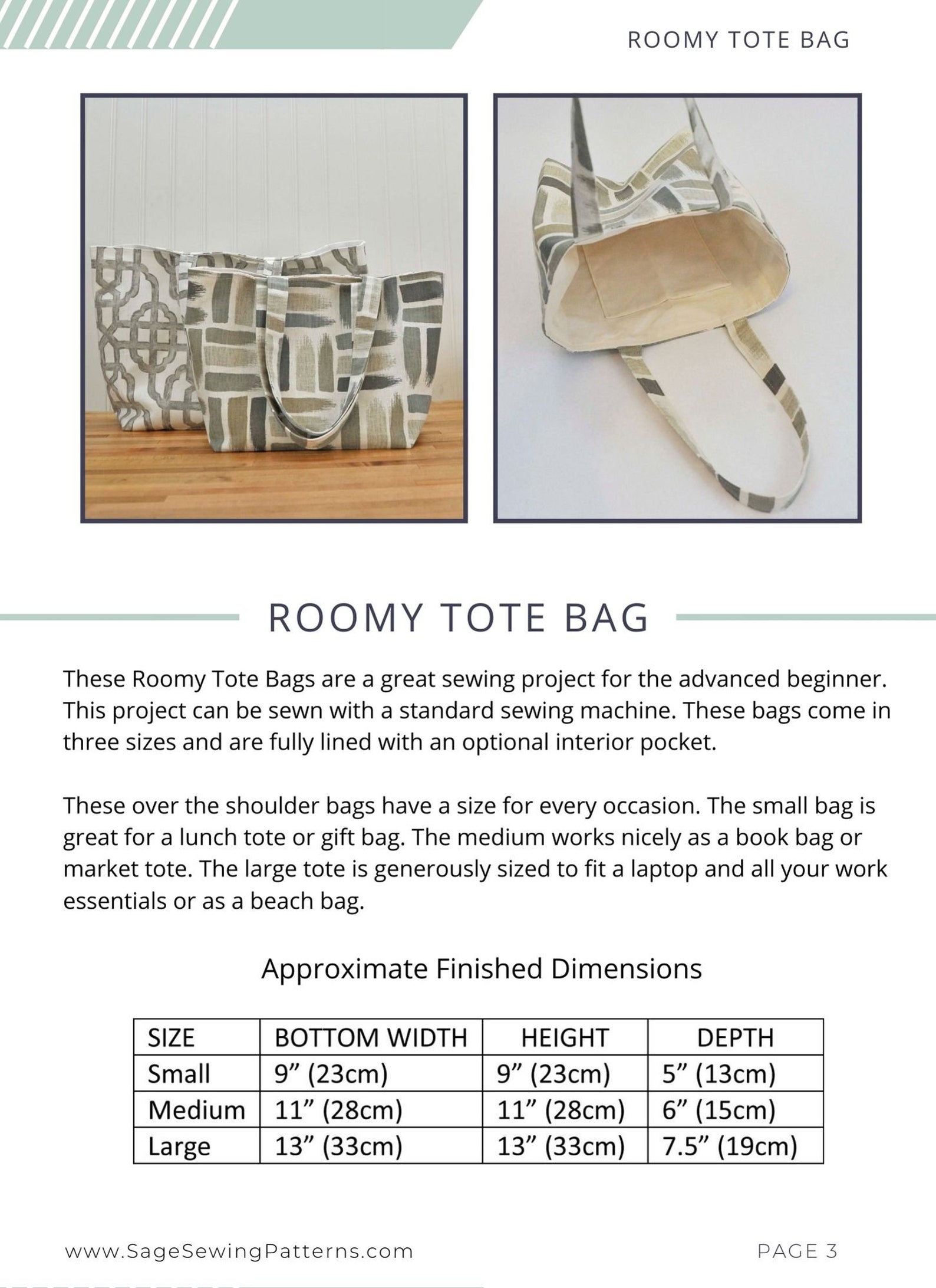 Roomy Tote Bag Sewing Pattern, PDF Downloadable Sewing Tutorial, Canvas ...