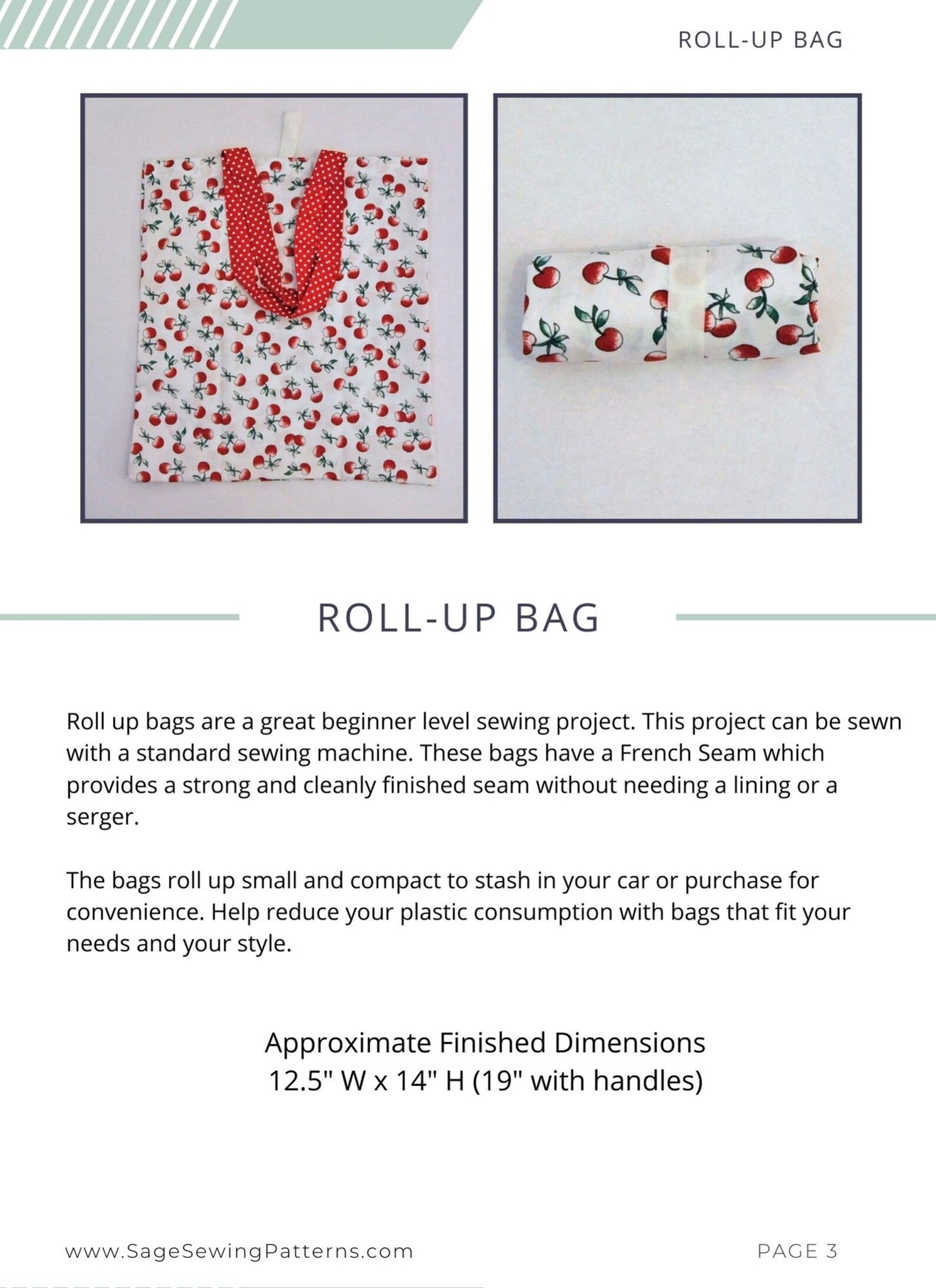 Roll up Shopping Bag Sewing Pattern, PDF Downloadable Sewing Tutorial ...