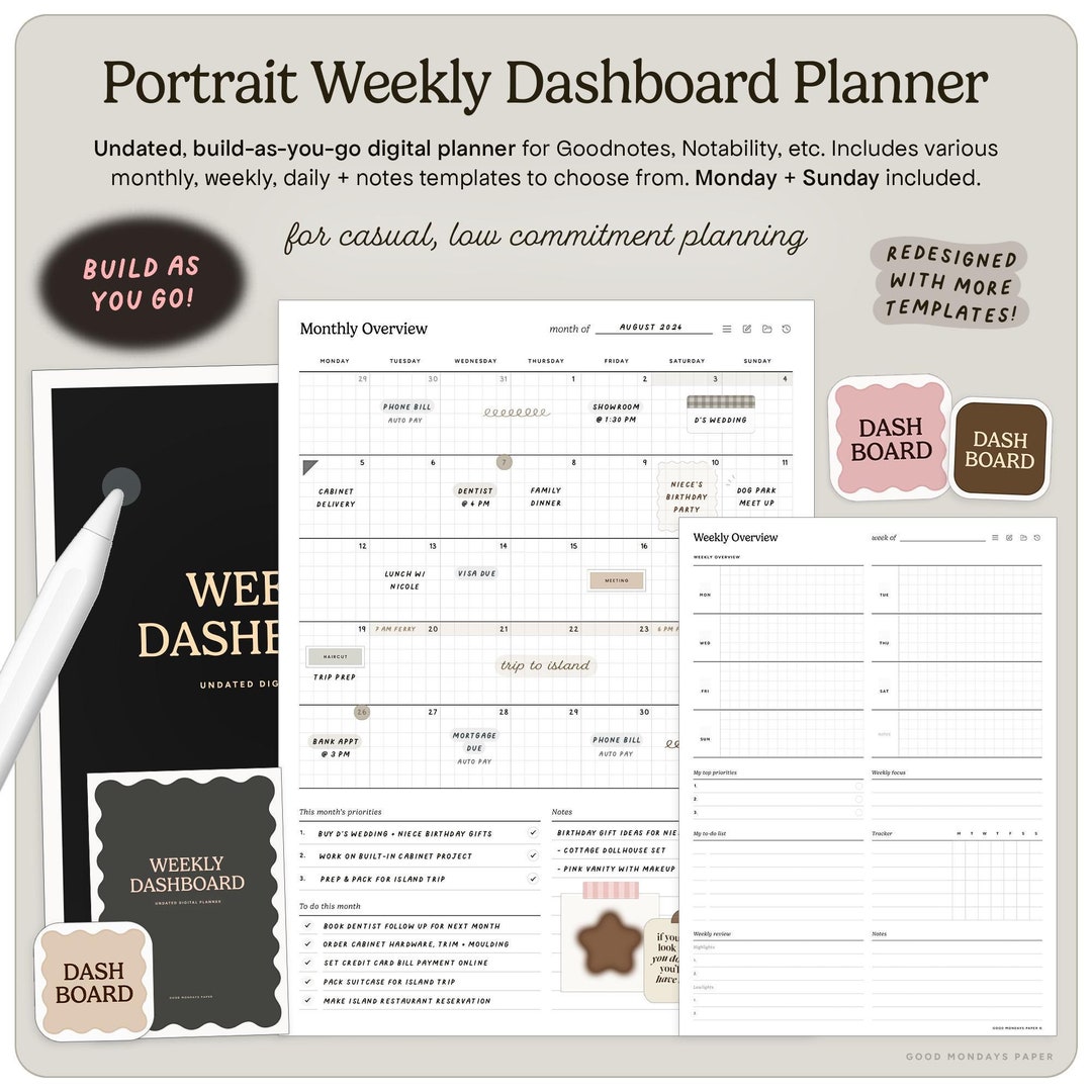 Undated Weekly Dashboard Digital Planner for Goodnotes, Portrait Mode ...