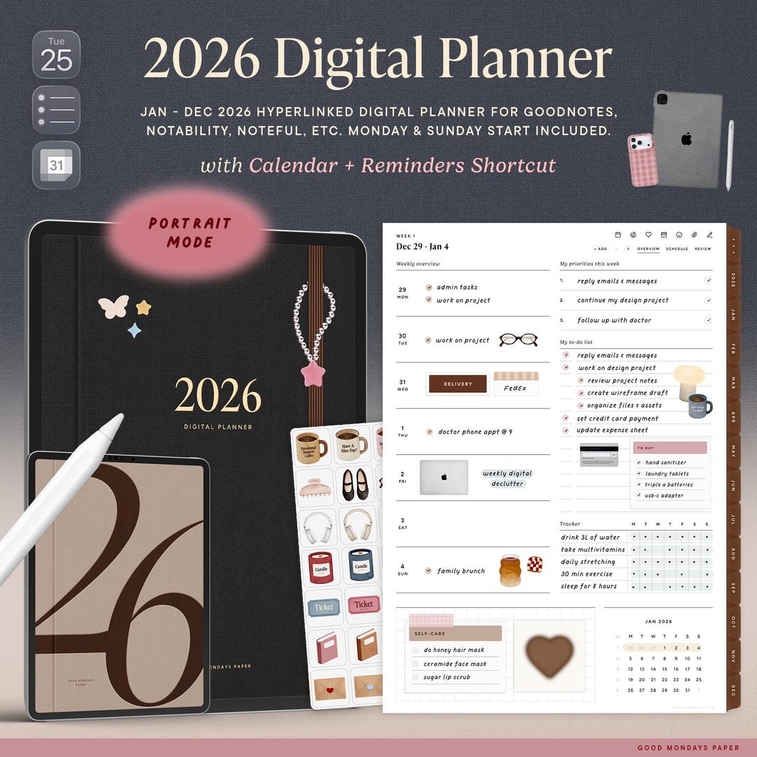 2026 Portrait Digital Planner for Goodnotes, Calendar/reminders ...