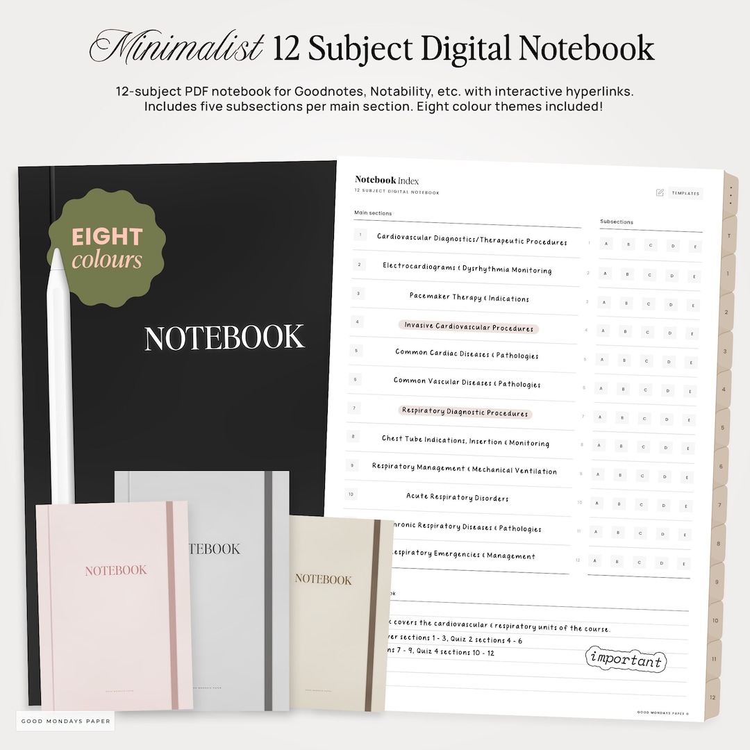 Minimalist 12 Subject Digital Notebook With Subsections for Goodnotes ...