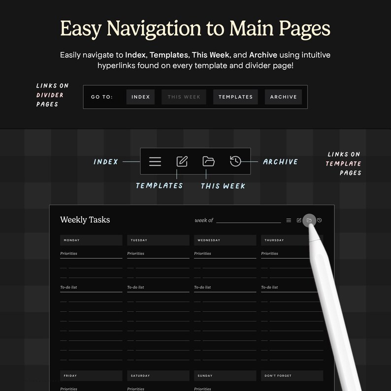 Undated Weekly Dashboard Digital Planner for Goodnotes, Portrait Dark ...