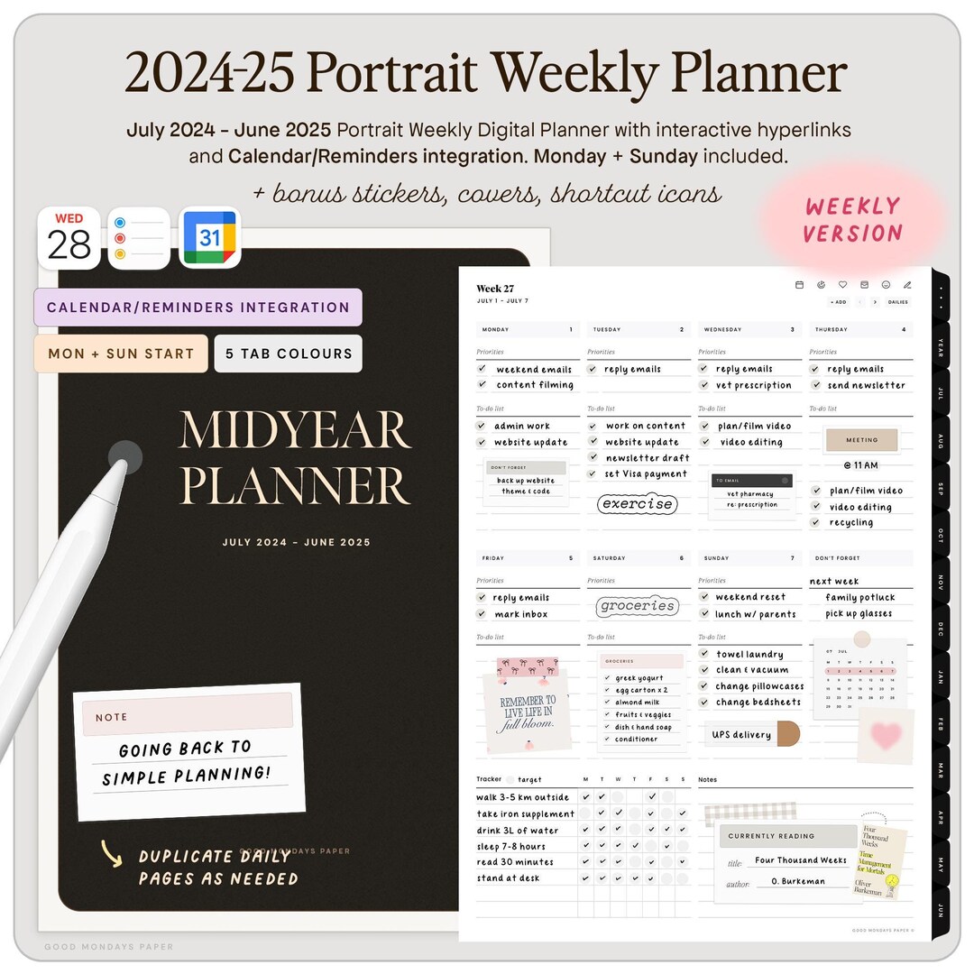 2024-25 Weekly Portrait Digital Planner for Goodnotes, Hyperlinked ...