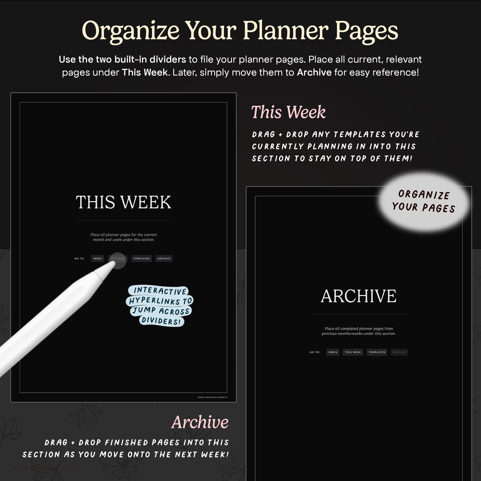 Undated Weekly Dashboard Digital Planner for Goodnotes, Portrait Dark ...