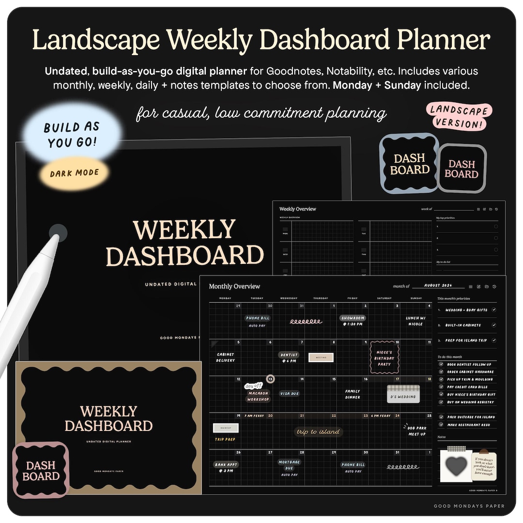 Undated Weekly Dashboard Digital Planner for Goodnotes, Landscape Dark ...