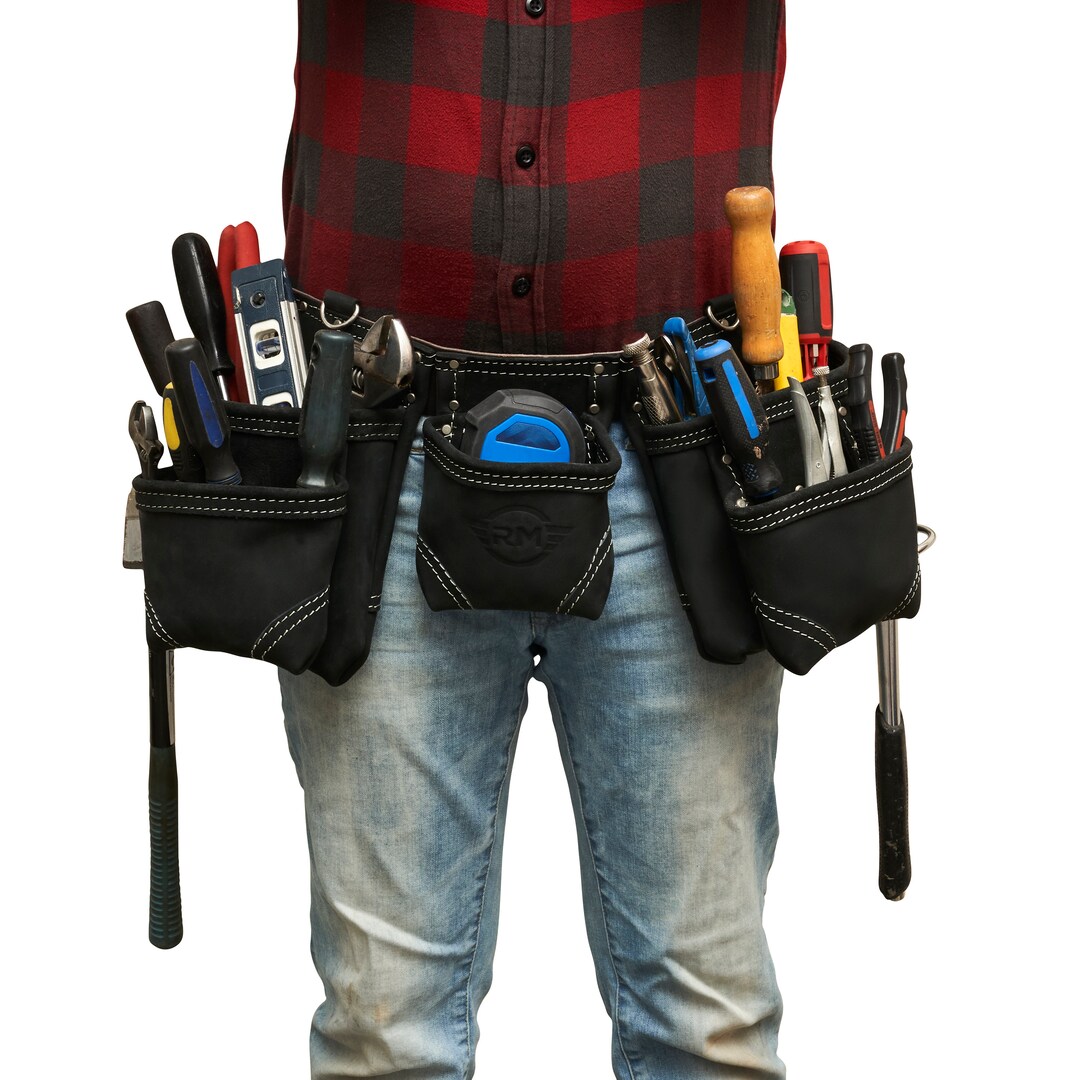 RM 12 Pocket Leather Tool Belt With 2 Hammer Holders, Genuine Top Grain ...