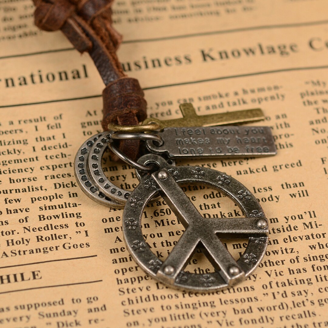 Peace Sign,rectangle & Cross Adjustable Leather Pendant Necklace ...