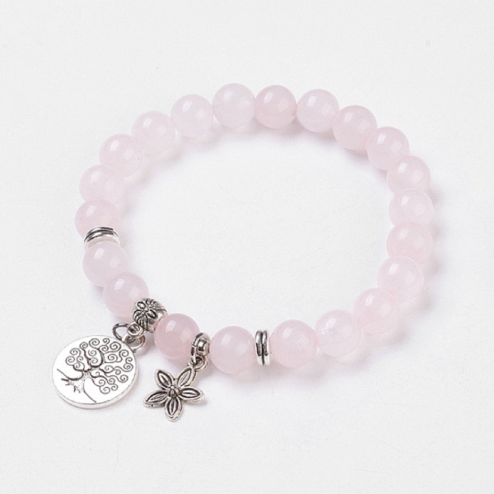 Natural Rose Quartz Stretch Bracelet Tree of Life and Flower, Gift ...