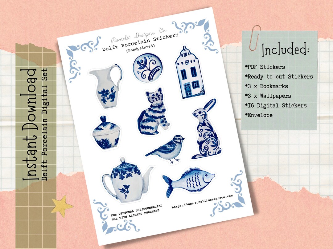 Delft Porcelain Digital Set Painted Bookmarks Printable Stickers Cut ...
